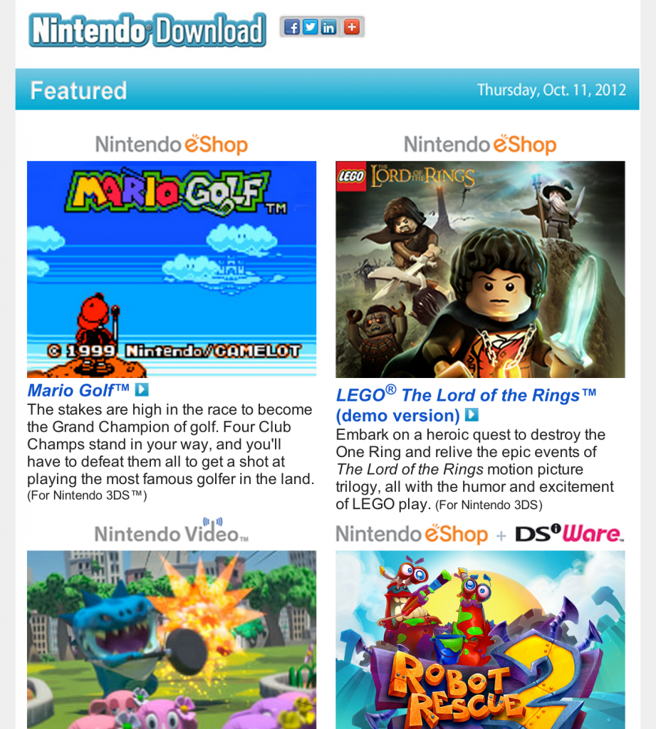Nintendo Download - Oct. 11, 2012 - Mario Golf, Lego Lord of the Rings ...